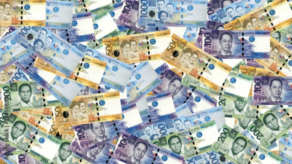 Colorful background of 100, 200, 500 and 1000 Philippines Peso currency ...