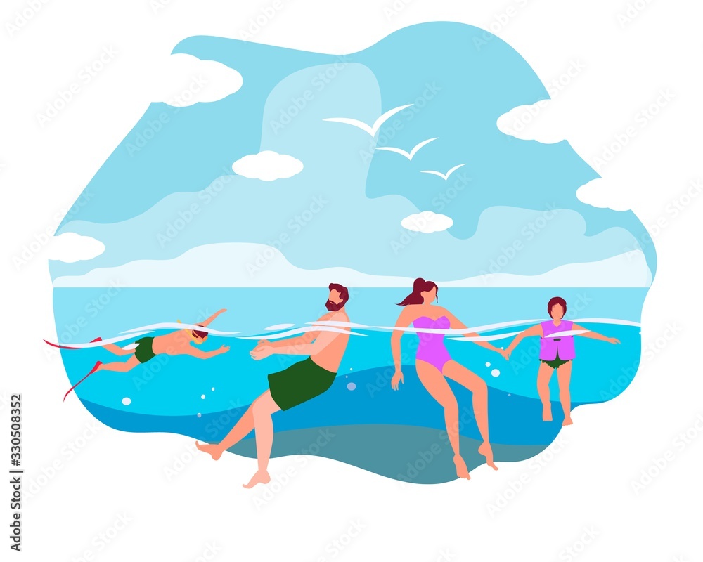 Summer Time Water Activity, Parents and Children in Swimwear Enjoying ...