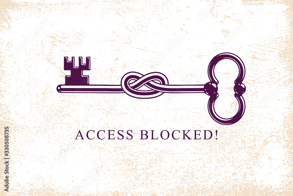 Access Denied, Knotted key allegorical symbol, vintage antique turnkey ...