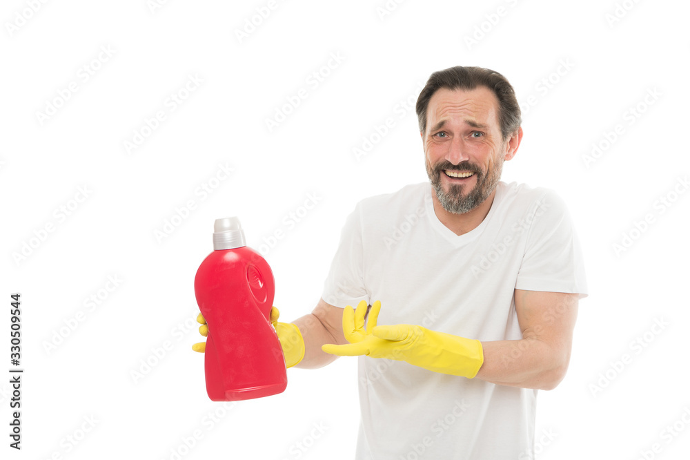 Are you kidding me. Cleaning service and household duty. Man in rubber ...