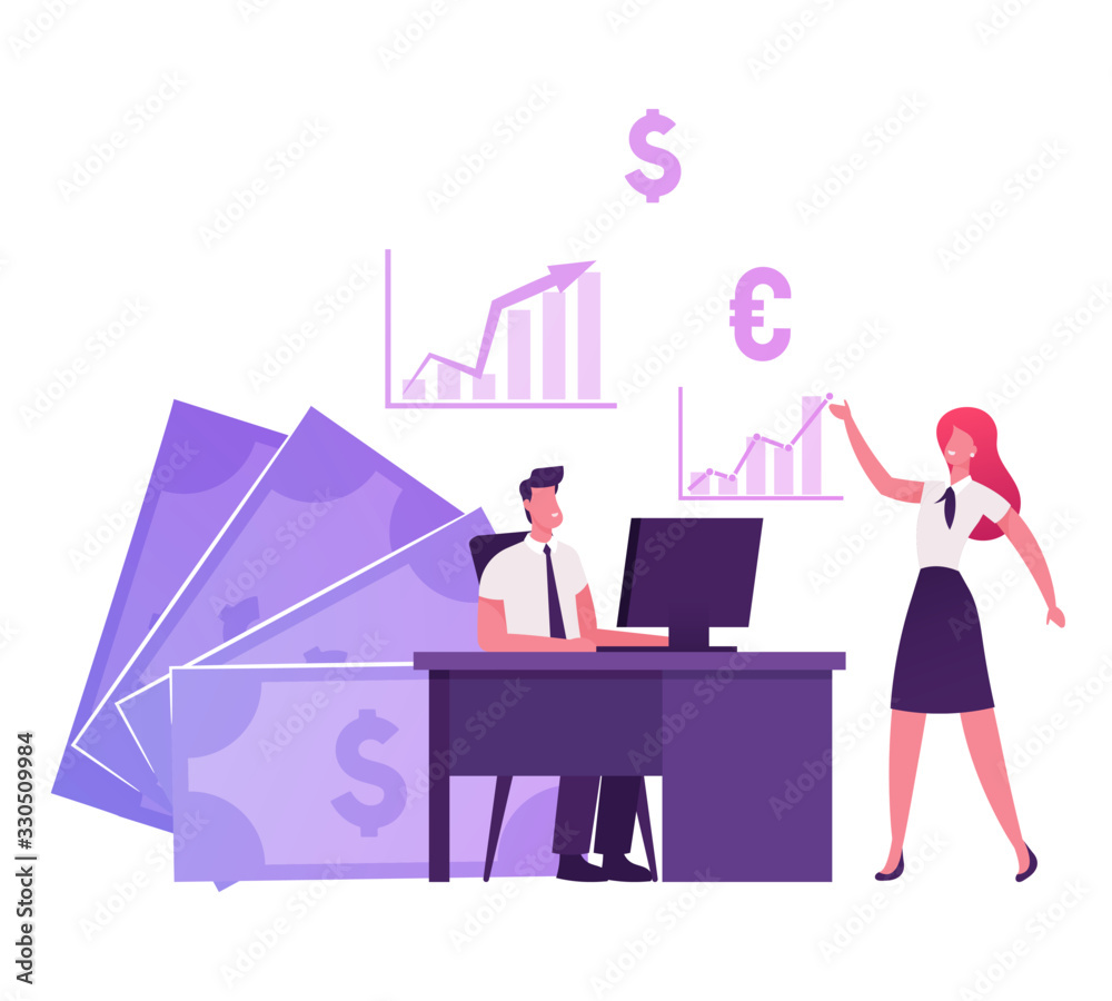 Business People Characters Traders Working on Computer Sell and Buy ...