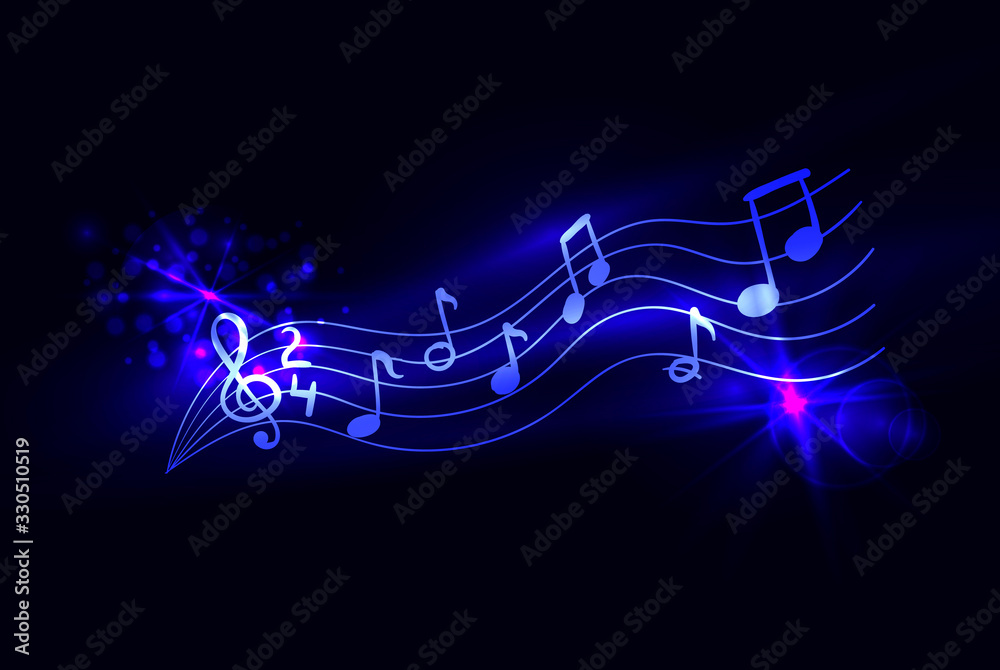 Vector music notes glowing background, bright blue colors, glittering ...
