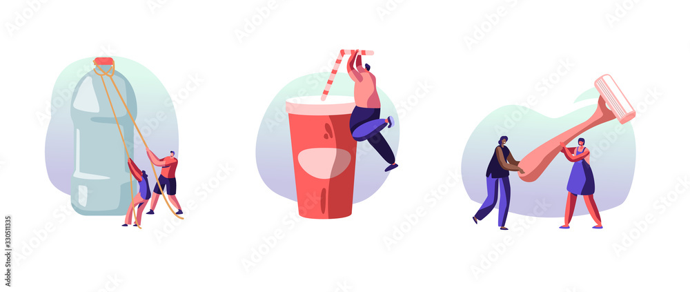 People Using Plastic Things. Male Female Characters Opening Water ...