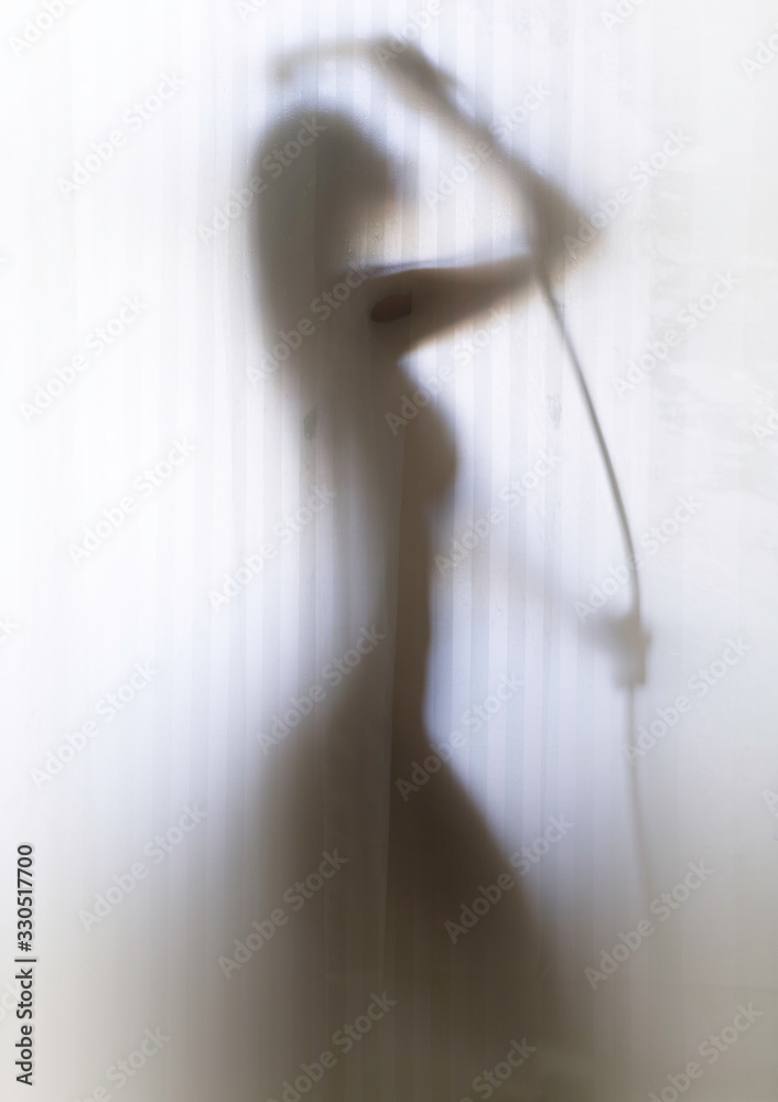 Beautiful And Sexy Woman Have Shower In Bathroom Behind A Curtain