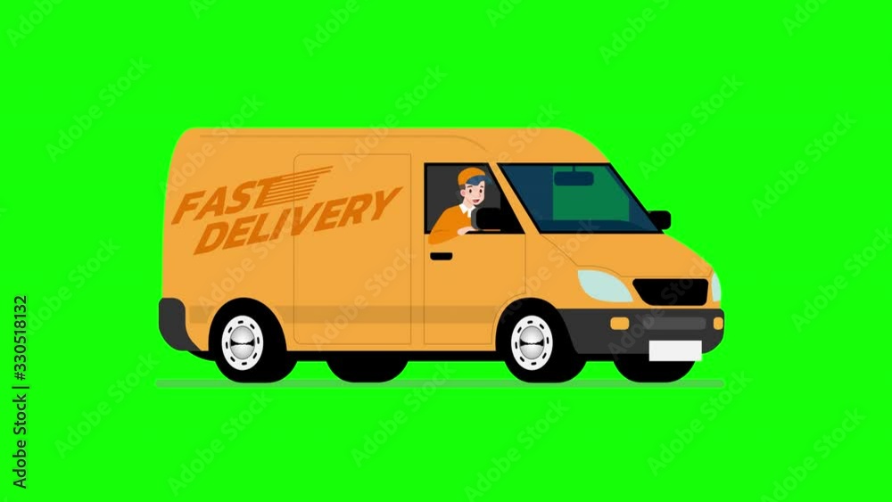 Cartoon of small van, minivan motion delivery fast express on green ...
