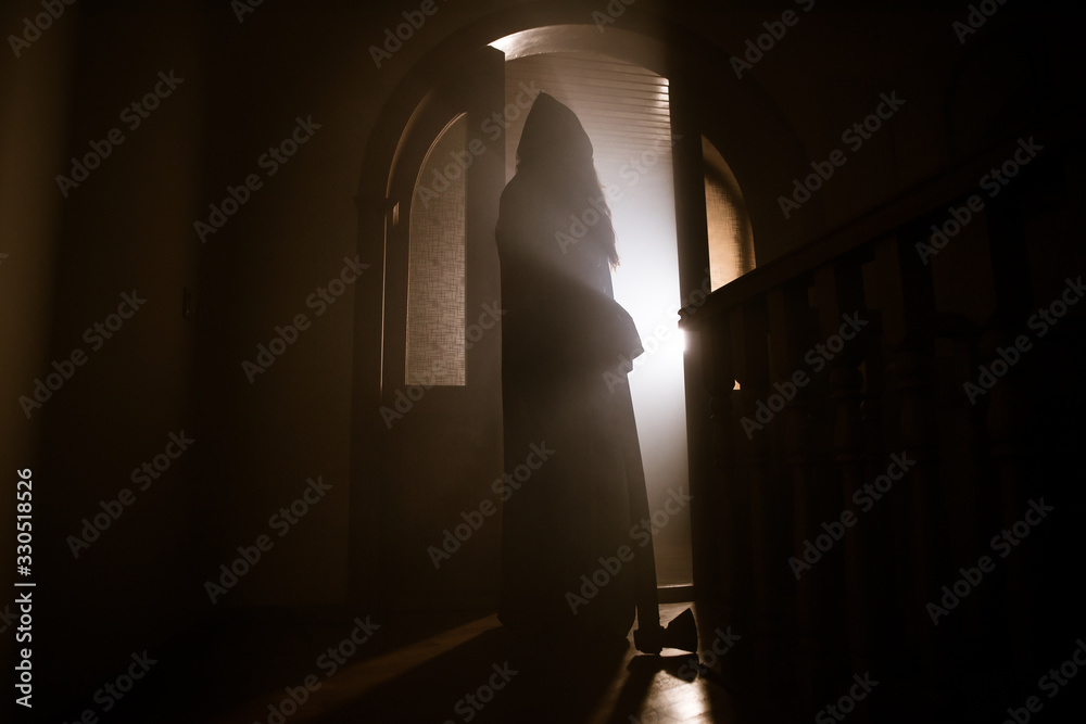 Silhouette of an unknown shadow figure on a door through a closed glass ...