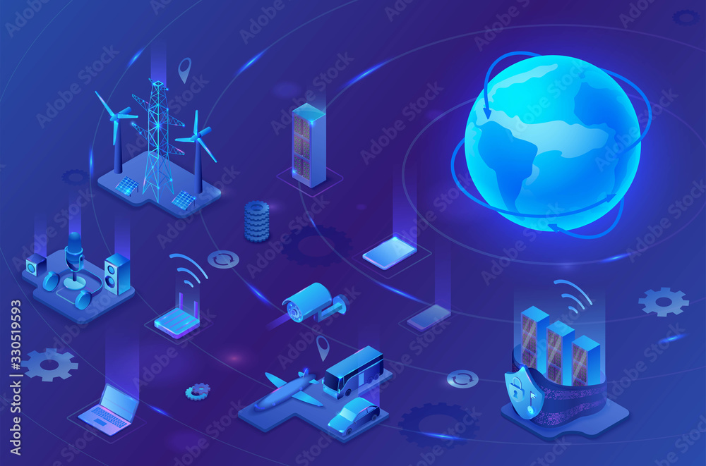 Internet of things infographic illustration, neon blue isometric 3d ...