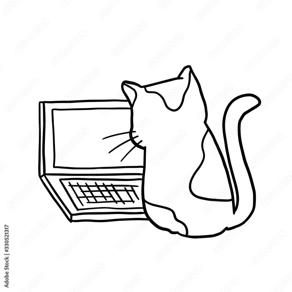 Cartoon hand drawn cat sit in front of laptop Stock Vector | Adobe Stock