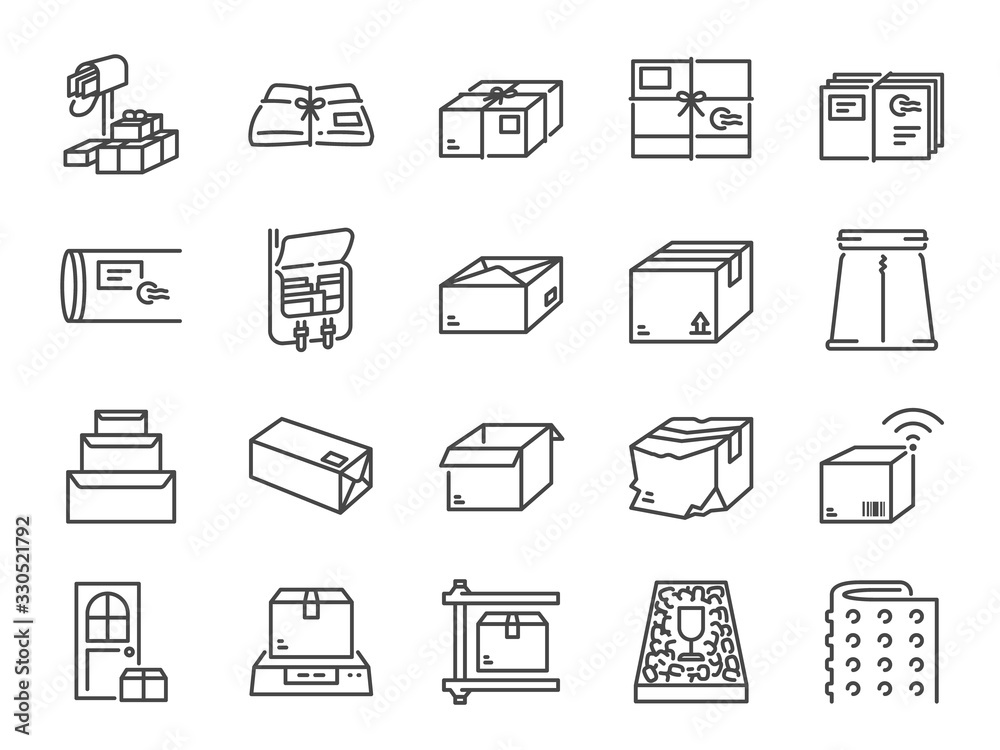 Parcel line icon set. Included the icons as package, box, packing ...