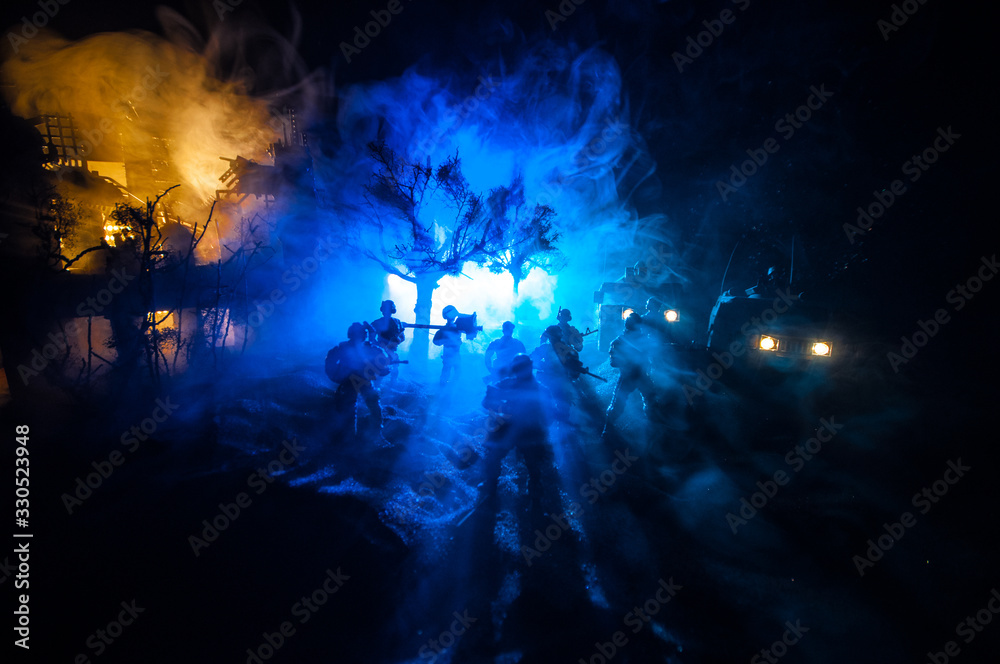 War Concept. Battle scene on war fog sky background, Fighting ...