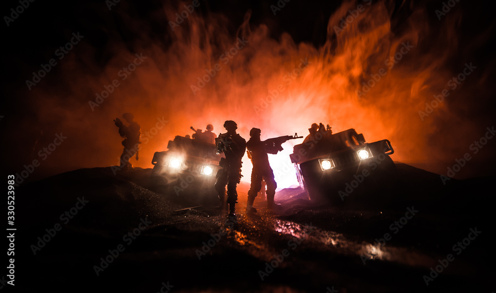 War Concept. Battle scene on war fog sky background, Fighting ...