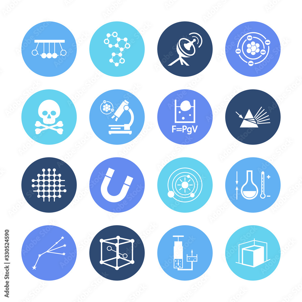 Physics icon set and physical research with 3d modeling, solar system ...