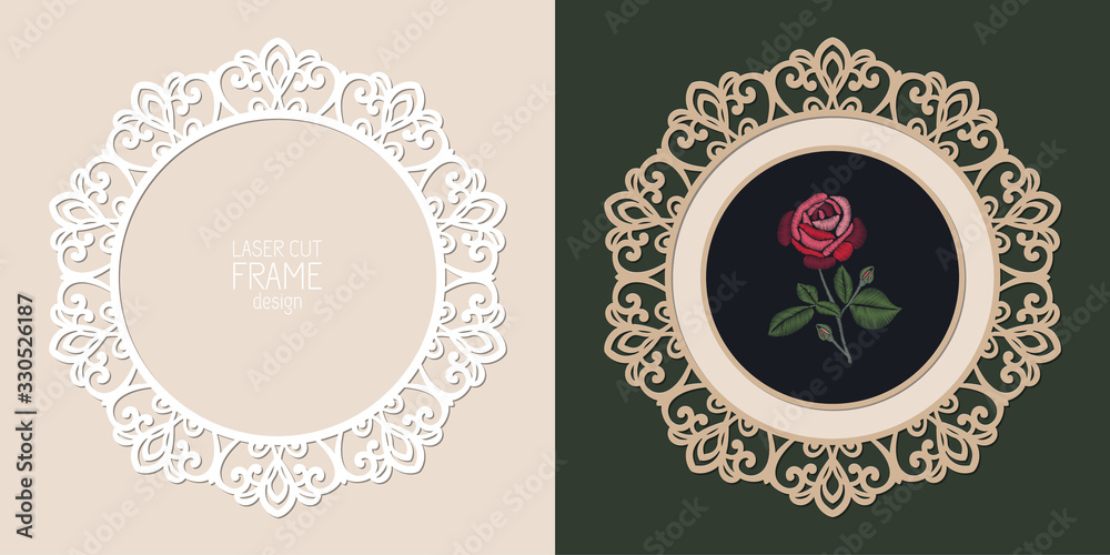 Laser cut lace round frame, vector template. Ornamental cutout photo ...