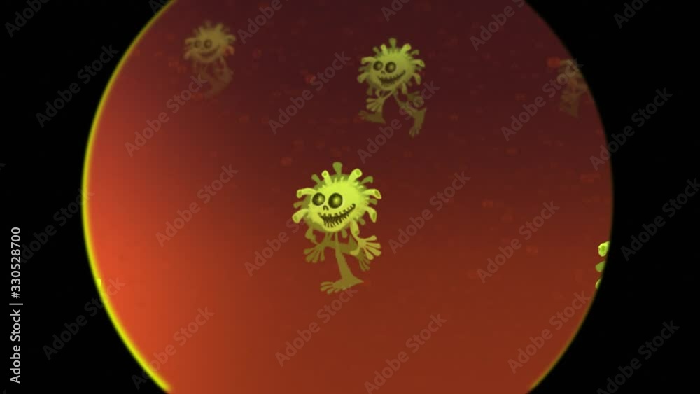 Marching army of coronavirus covid - 19 under a microscope. Walk cycle ...