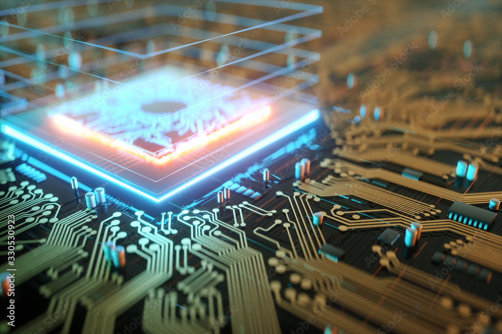 3D render CPU Technological background. Concept circuit board with ...