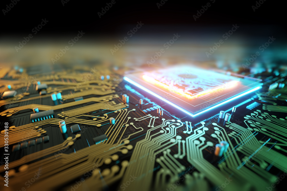 3D render CPU Technological background. Concept circuit board with ...
