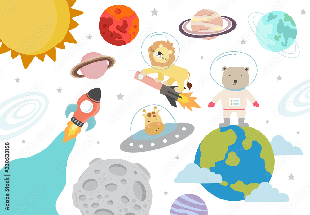 Collection of space background set with astronaut, sun, moon, star ...