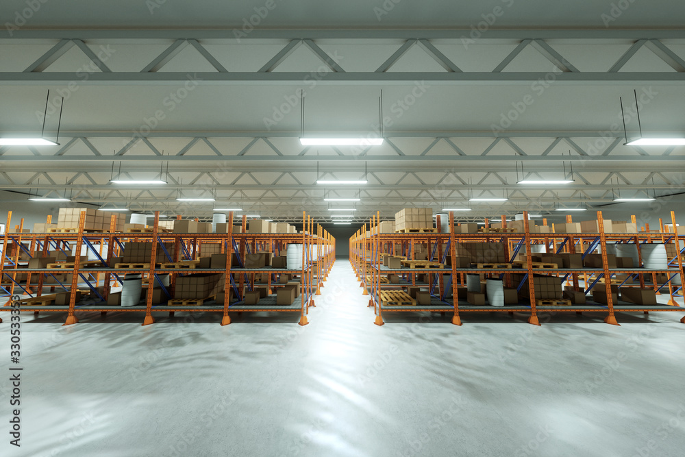 3D render Industrial racks, pallets, boxes, shelves with goods in huge ...