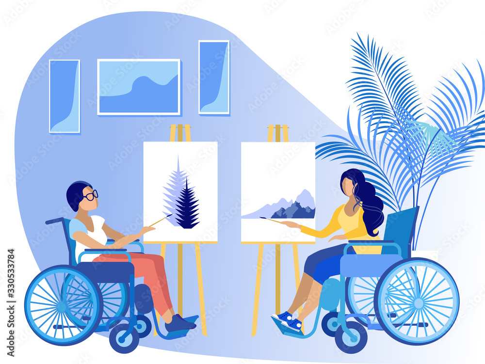 Disabled Young Women Sitting in Wheelchair Painting. Handicapped Girl ...