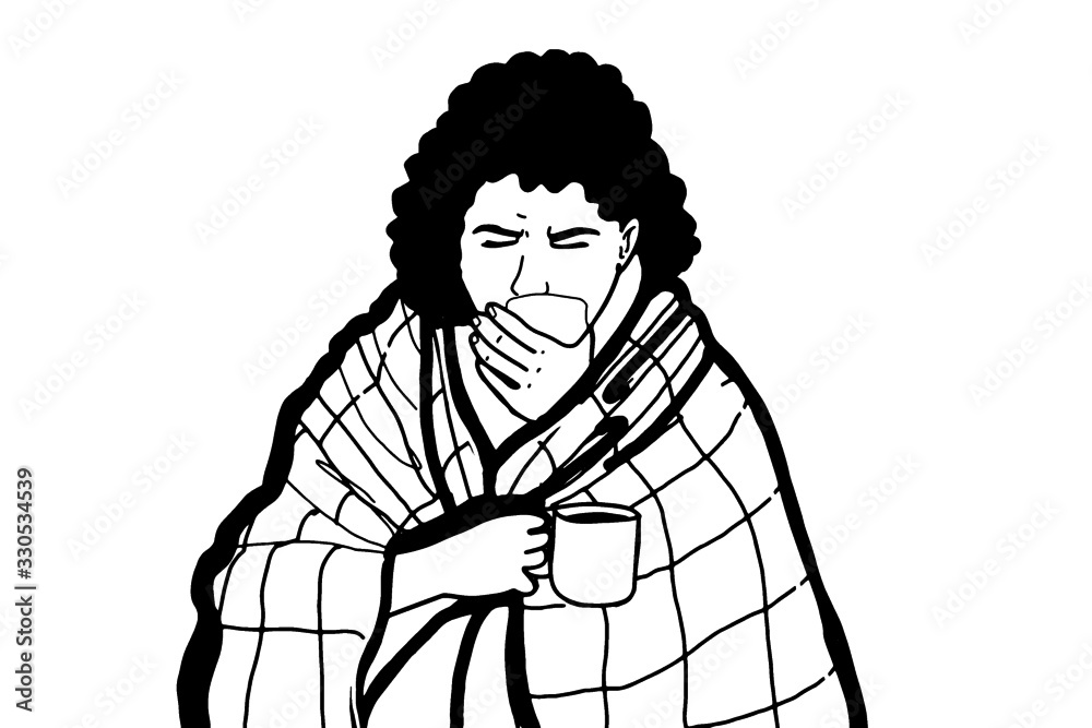sick or flu woman half body and coughing black white colors Stock ...