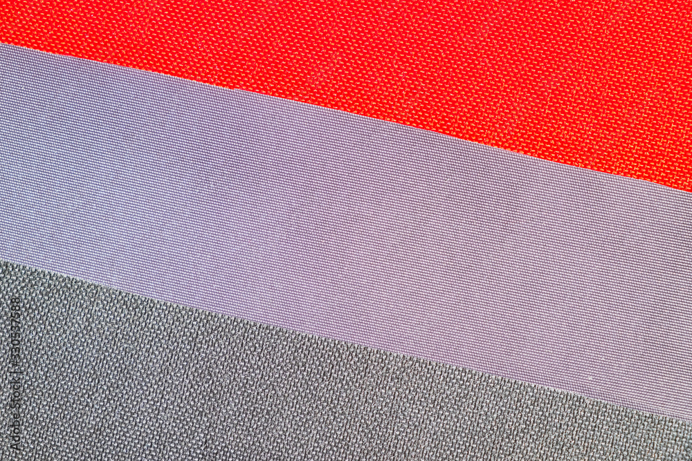 Colorful fabric of three types, color combination. Detailed top view of ...