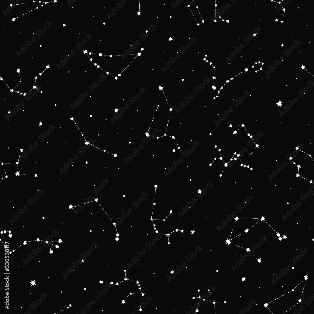 Seamless vector pattern with white zodiacal constellations on black ...