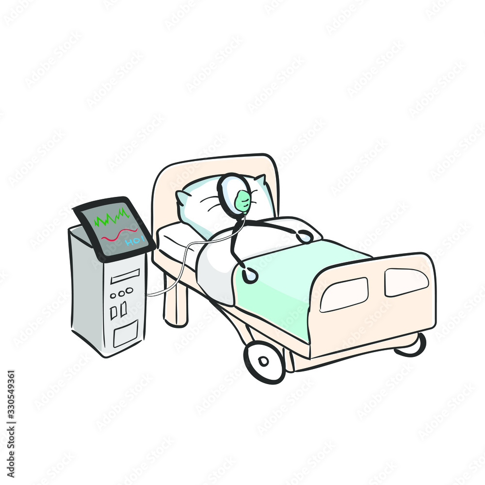 Coronavirus sick. SIck in hospital bed. Health monitoring. Hand drawn ...