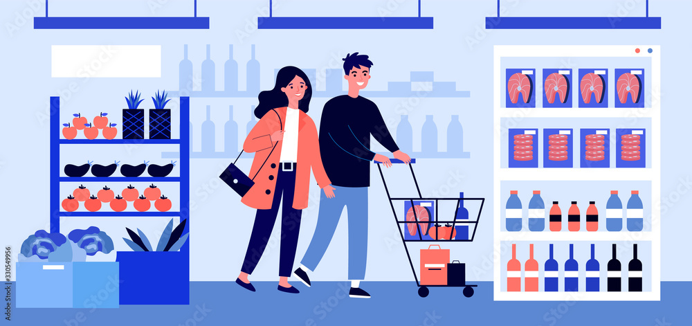 People buying food at supermarket flat vector illustration. Cartoon ...