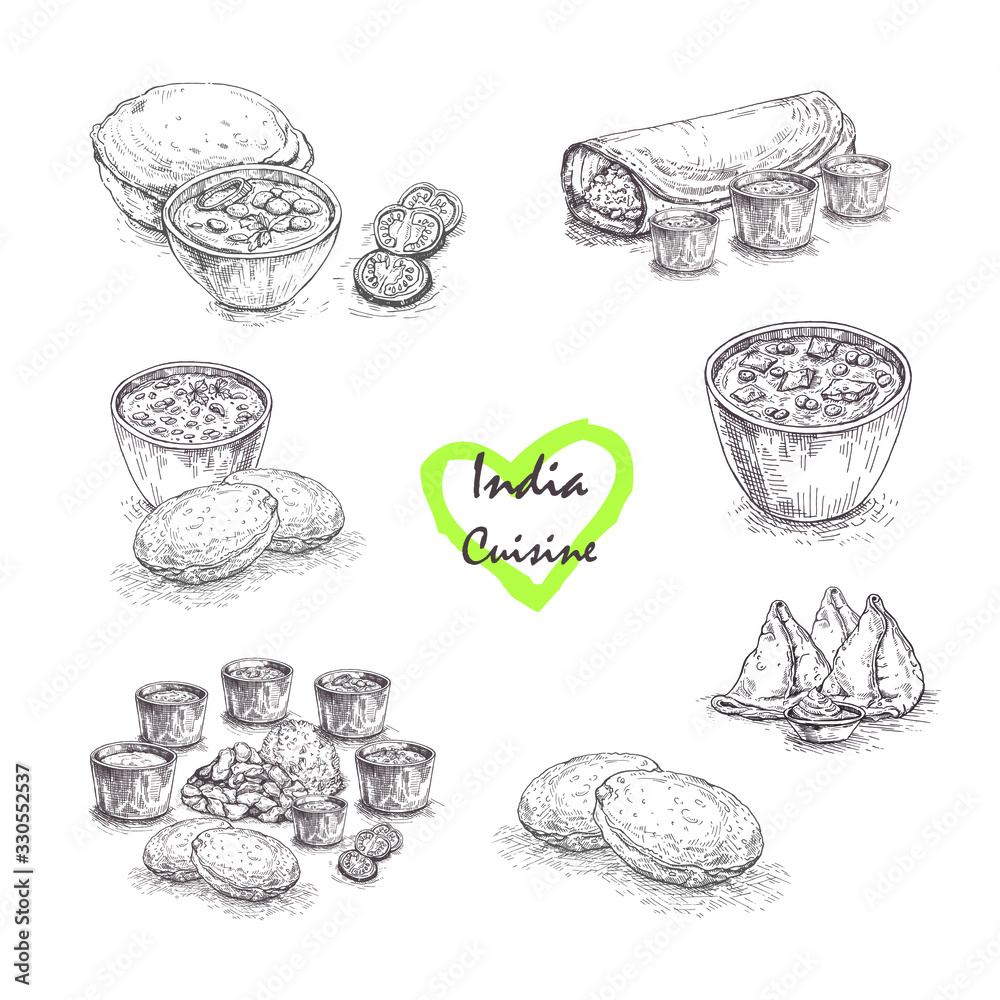 Indian food illustration. Hand drawn sketch.Indian cuisine. Doodle ...