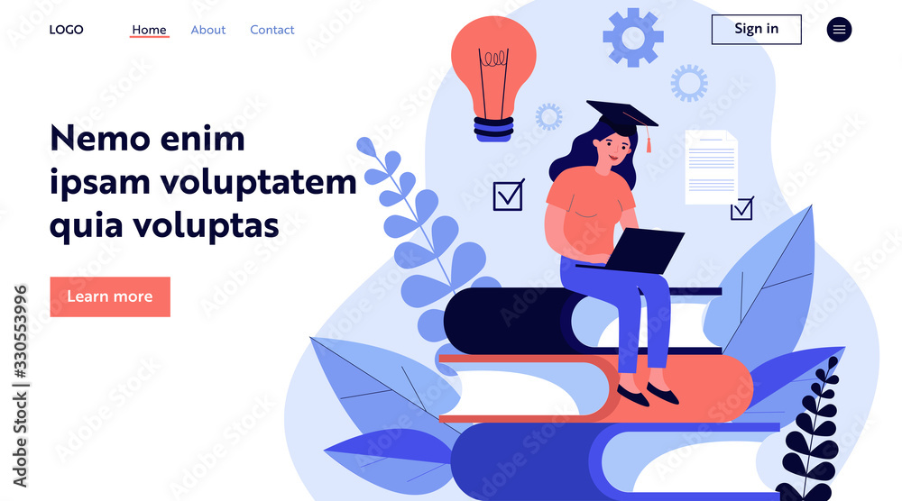 Student girl wearing graduation cap, studying with laptop. Young woman ...