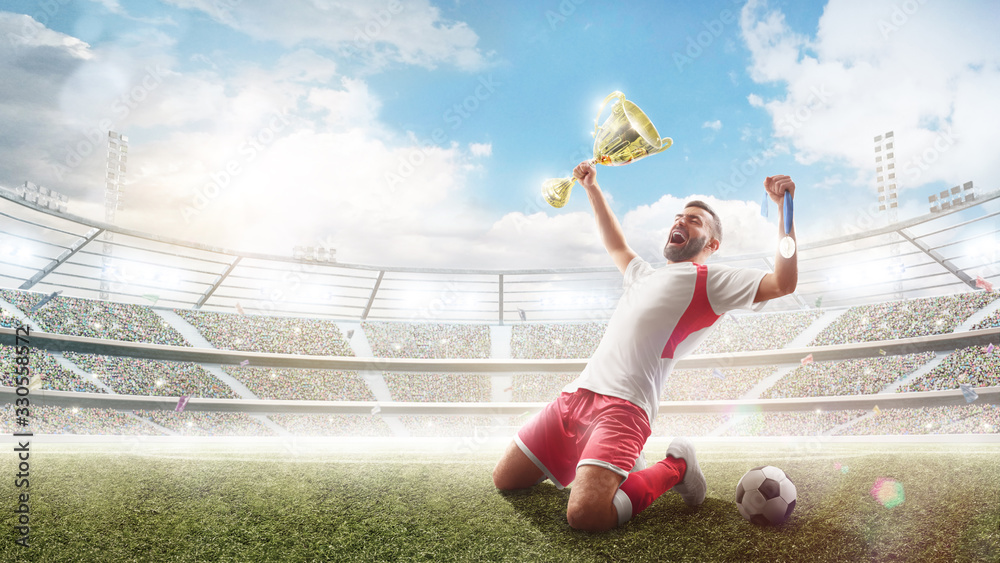 Winner. Professional soccer player celebrates winning of soccer match ...