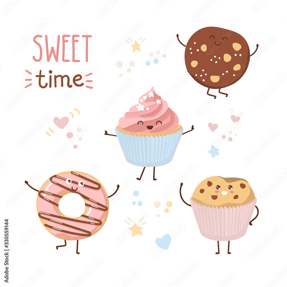 Kawaii vector illustration Sweet time. Set of cute baked products with ...