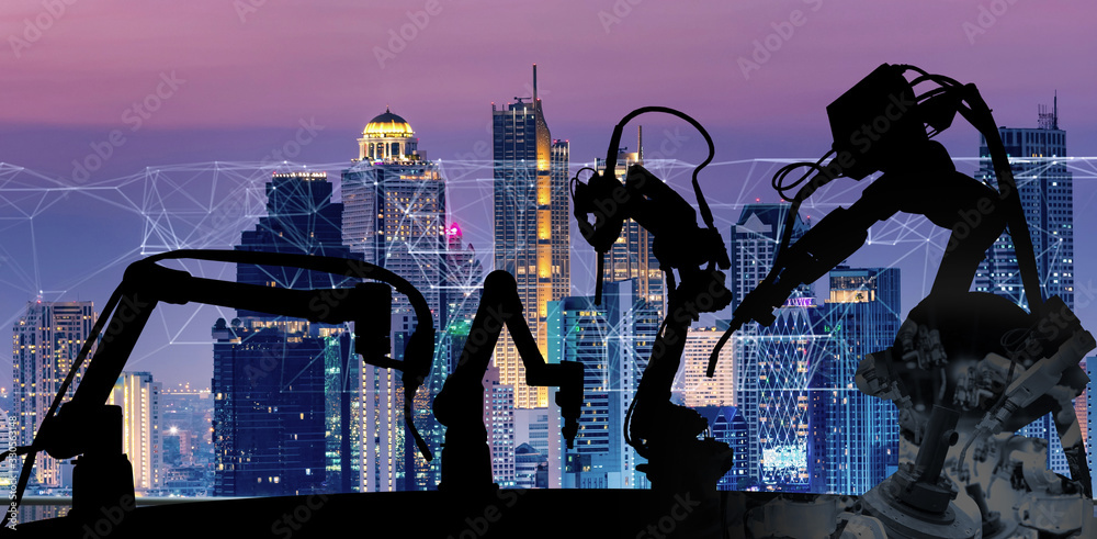 Silhouette of modern automation robot arms with Ai assistant technology ...