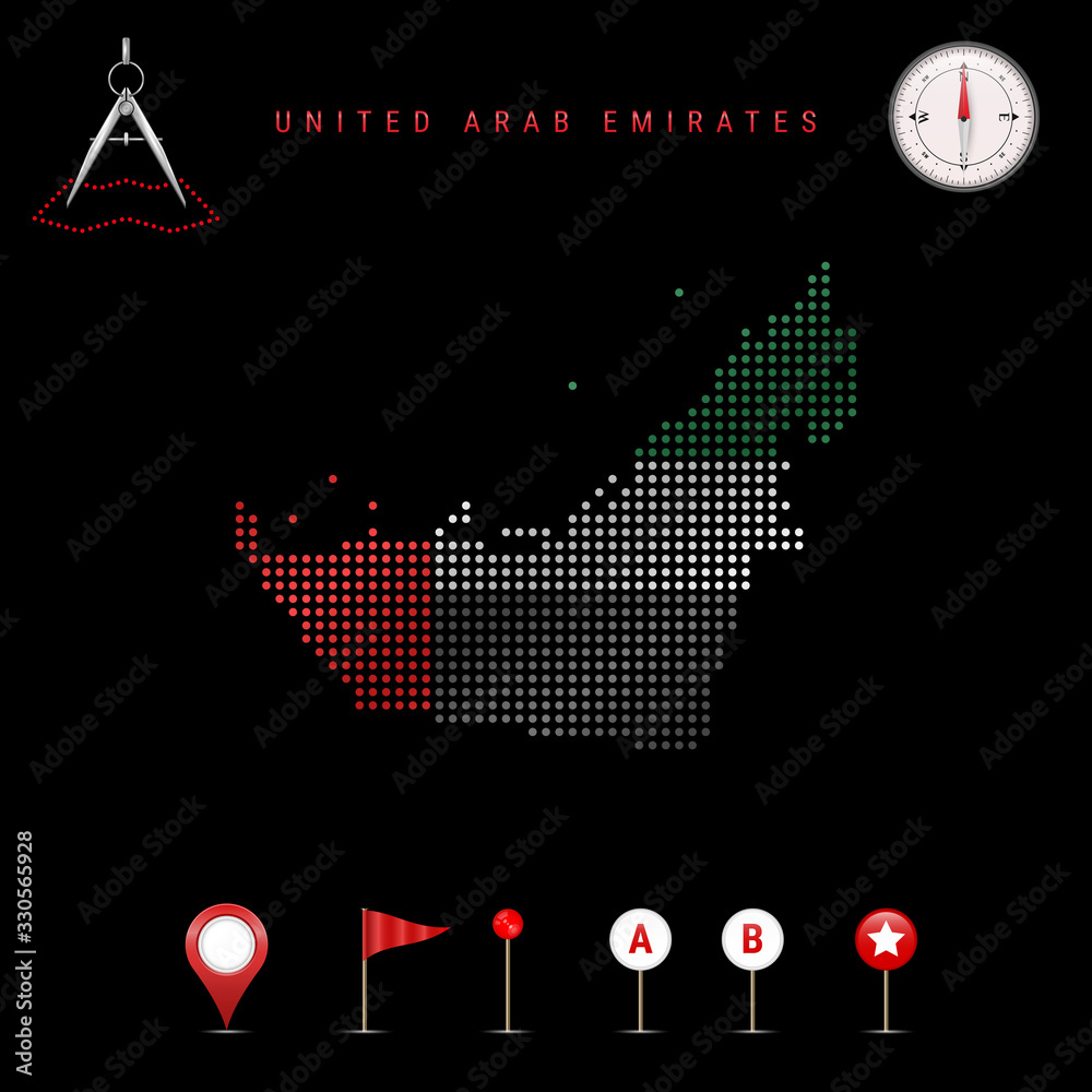 Dotted vector map of United Arab Emirates painted in the national flag ...