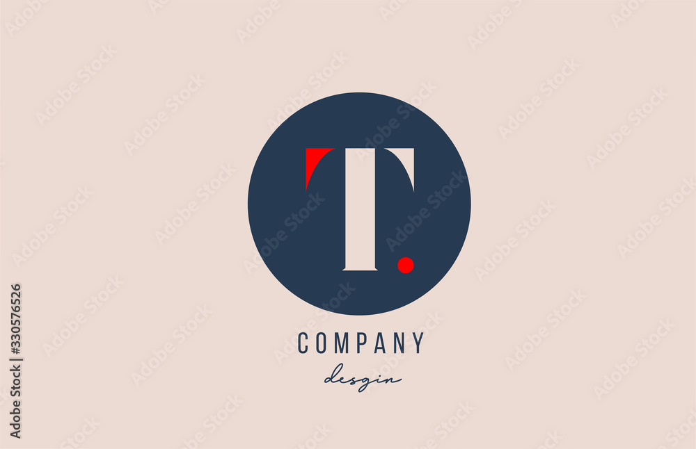 red dot T letter alphabet logo icon design with blue circle for company ...