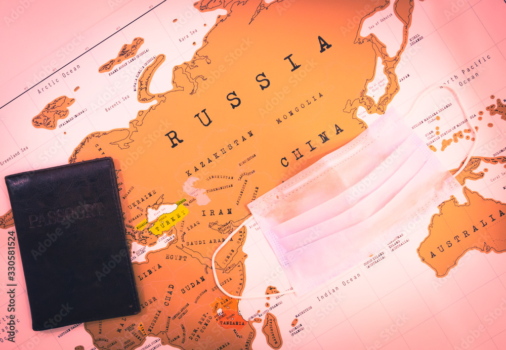 Scratch world paper map with passport case and protectice mouth mask ...