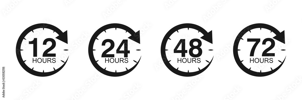 12, 24, 48 and 72 hours clock arrow. symbol work time, delivery and ...