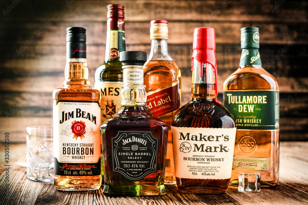 VAVRISOVO, SLOVAKIA - SEPTEMBER 14, 2019: Famous whiskey bottles and ...