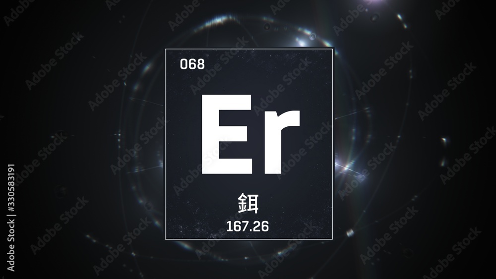 3D illustration of Erbium as Element 68 of the Periodic Table. Silver ...