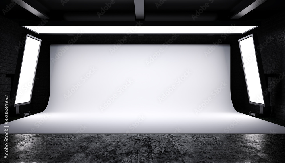 Interior of Photo studio lighting set up with white backdrop in dark ...