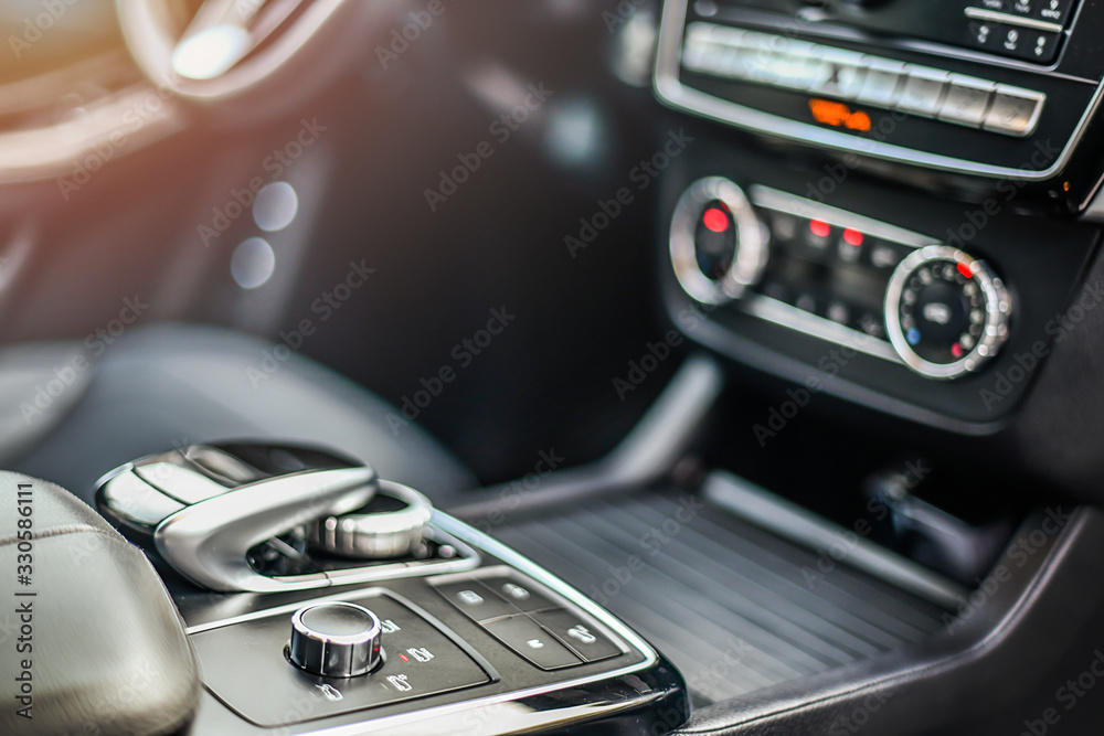 Automatic gear stick inside luxury or modern car. Expensive interior ...