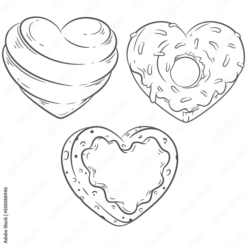 Heart Shaped Candy, Donut and Cookie vector line art illustration set ...