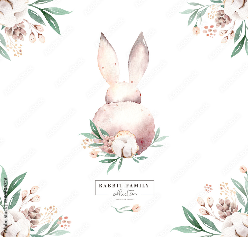 Watercolor Happy Easter baby bunnies design with spring blossom flower ...