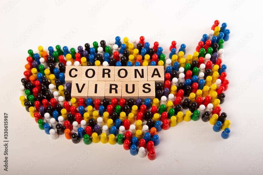 Map of Untited states of America with corona virus text in the middle ...