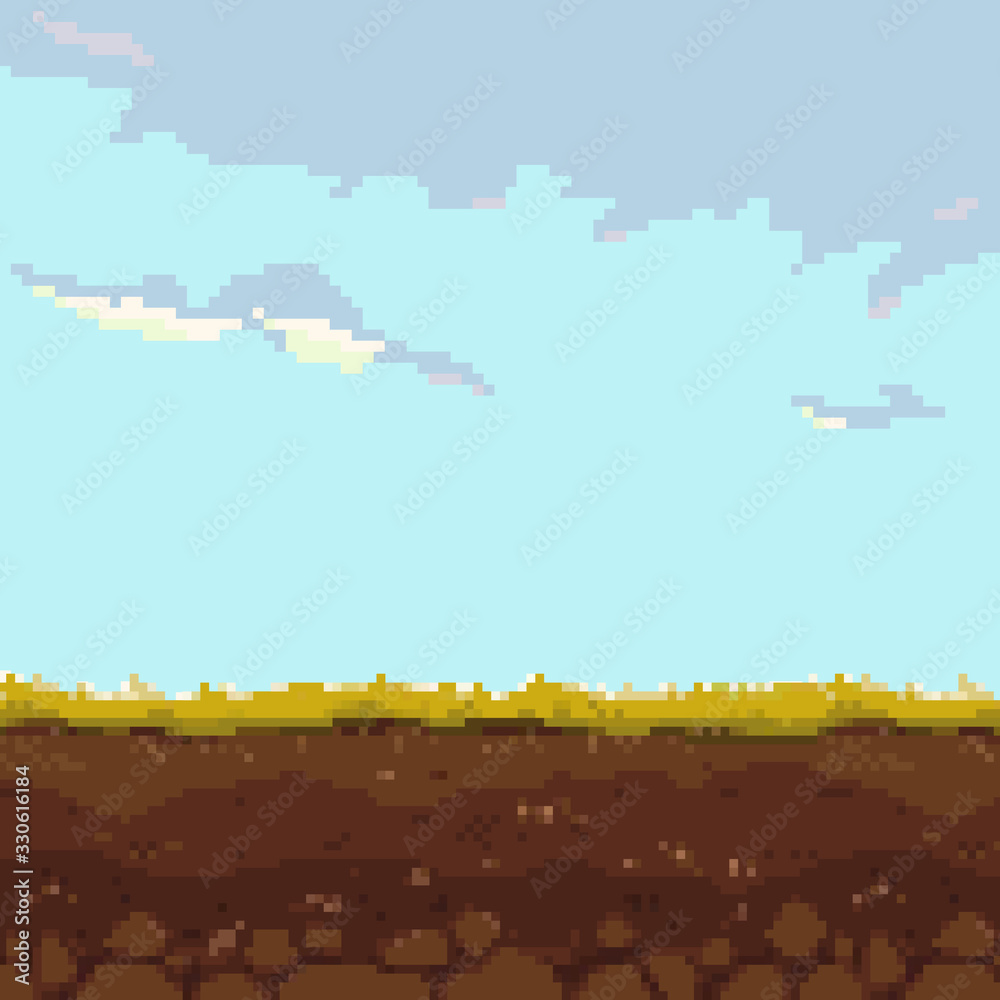 Pixel art game background. Ground, grass, sky, castle and clouds. Pixel ...