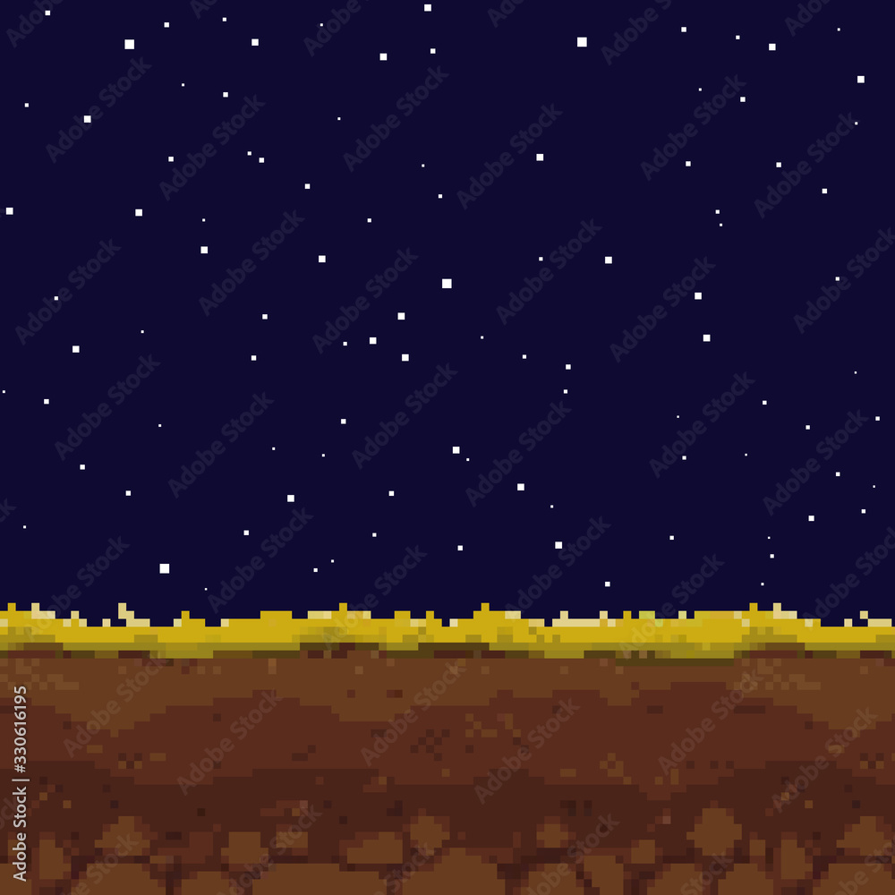 Pixel art game night background. Ground, grass, sky, stars and clouds ...