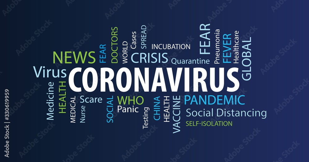 Corona Virus Word Cloud on a Blue Background foto de Stock | Adobe Stock