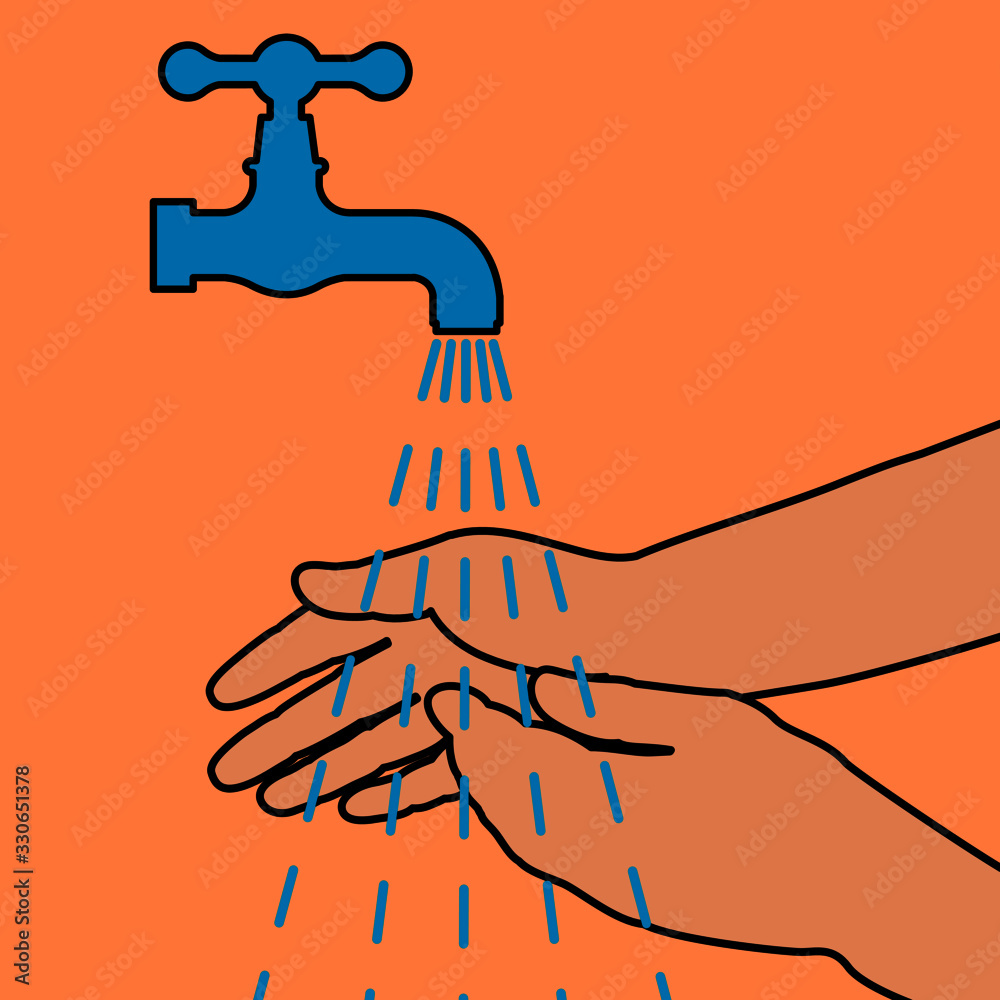 realistic drawing human 2 hands with blue faucet and black outline on ...