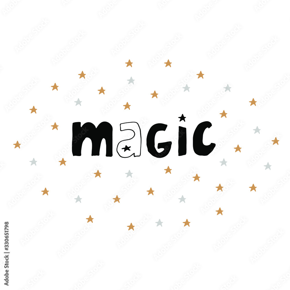 Fantasy sketch illustration with word magic drawn. Hand drawn lettering ...