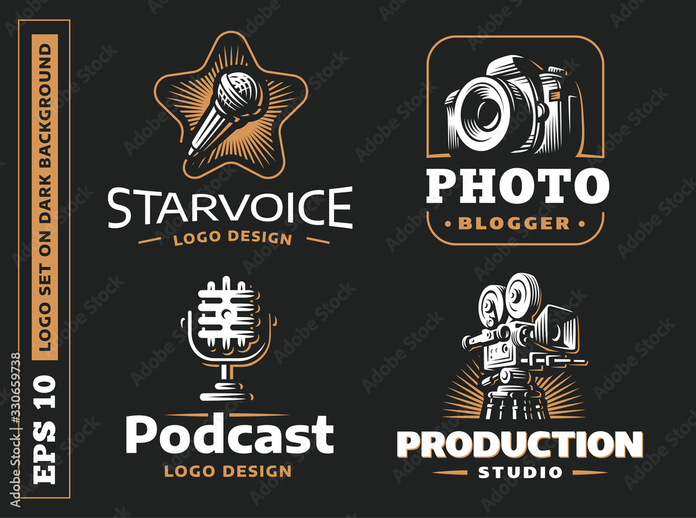 Set photo, vdeo, audio logo - vector illustration, emblem on black ...